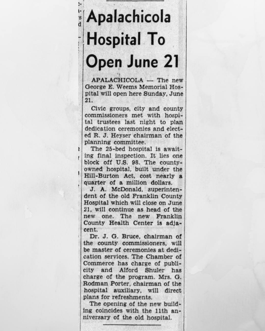History - Celebrating 65 years! of Weems Memorial Hospital in Apalachicola